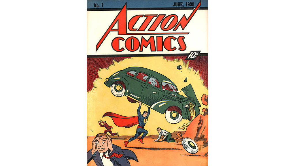 Photos of vintage comic books at the New-York Historical Society