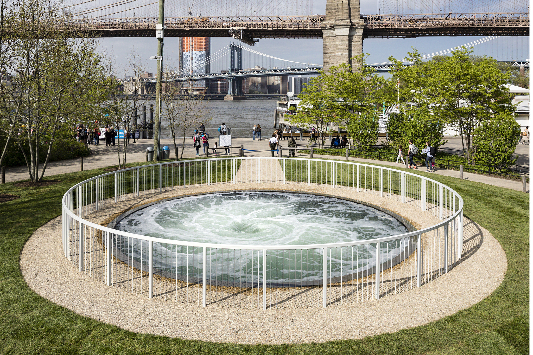 See this cool whirlpool art installation at Brooklyn Bridge Park