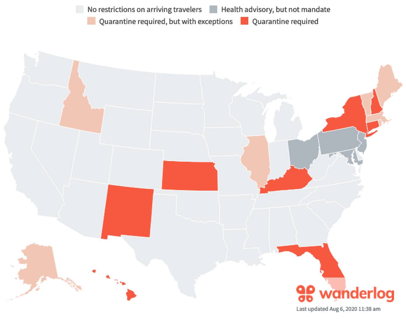 This interactive map easily highlights travel restrictions from each state