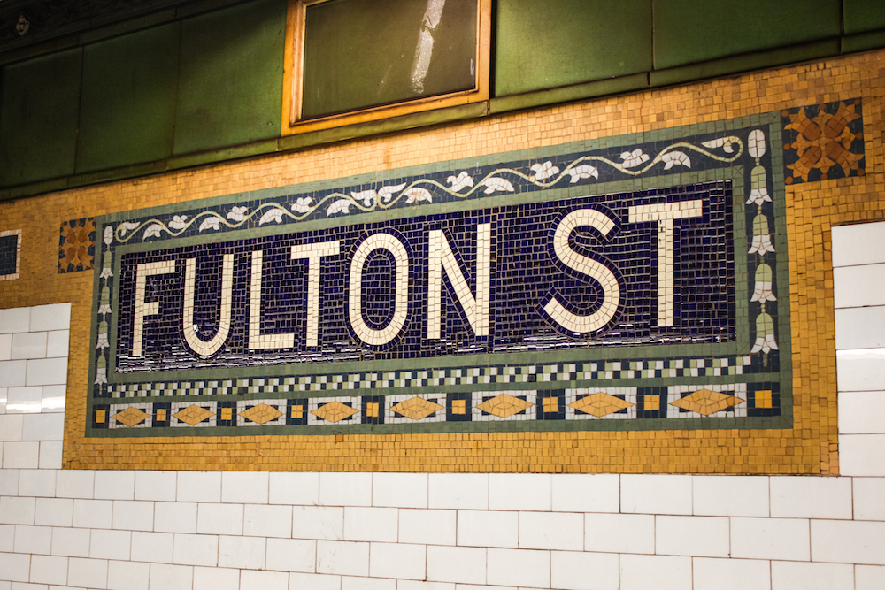 A New Yorker changed the Fulton St subway sign for April Fool's Day