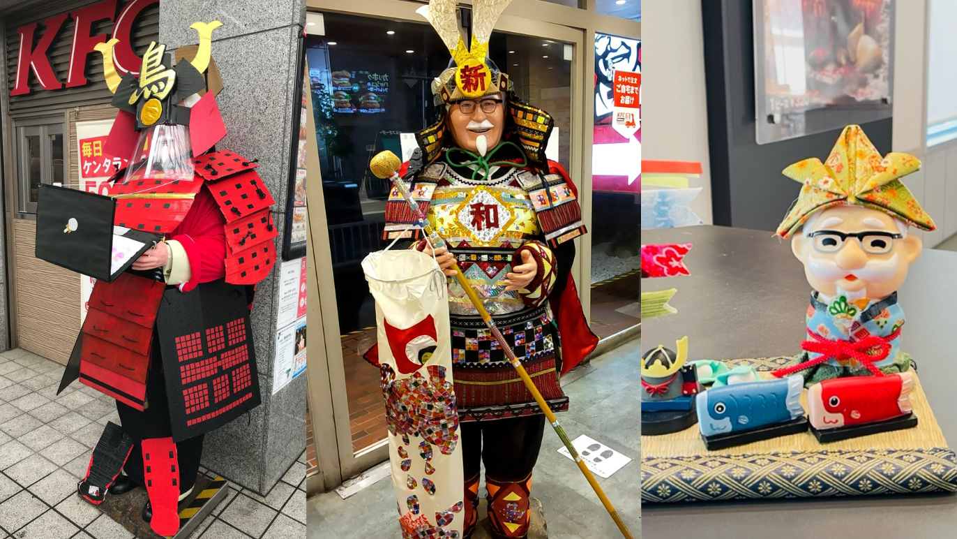 Colonel Sanders cosplays as a samurai at KFC Japan stores over Golden Week
